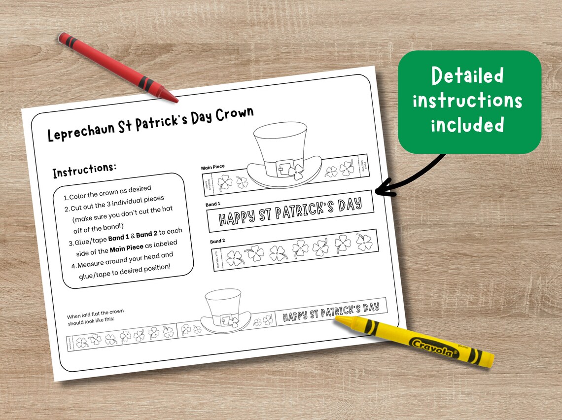 St Patrick's Day Paper Crown Craft Leprechaun Hat Craft Coloring Kid's ...