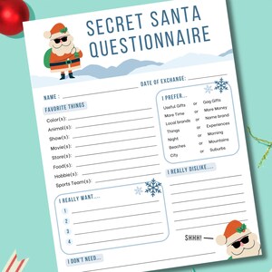 Secret Santa Questionnaire for Adults: Printable Gift Exchange (PDF) - Etsy