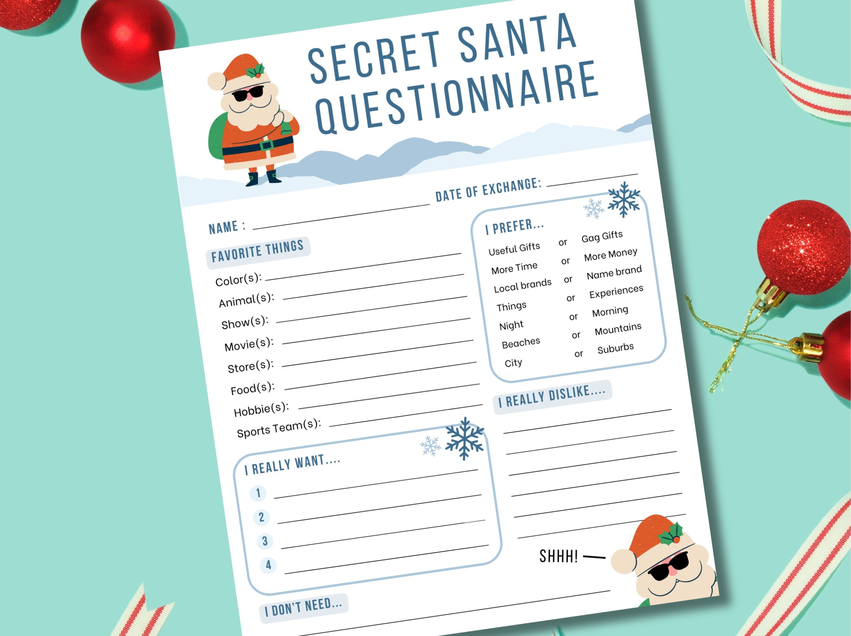 Secret Santa Questionnaire for Adults Secret Santa Printable - Etsy