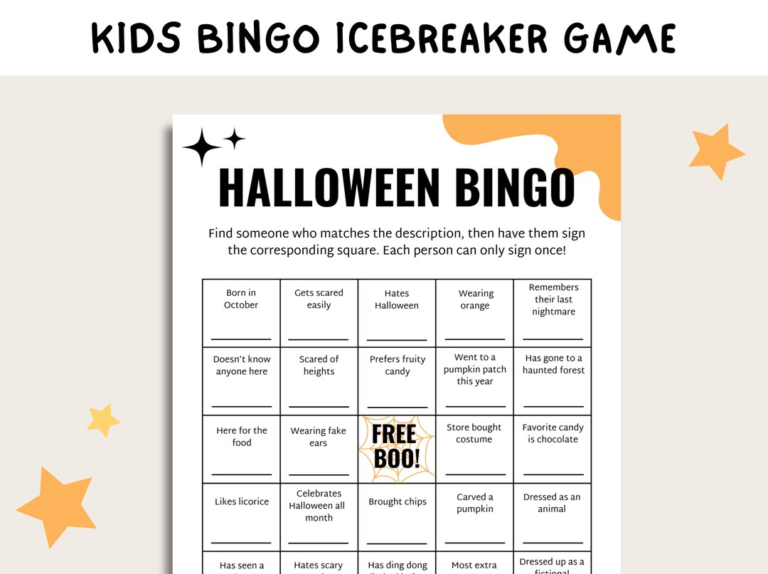 Kids' Halloween Bingo Icebreaker Game | 5 Unique Cards | Digital ...