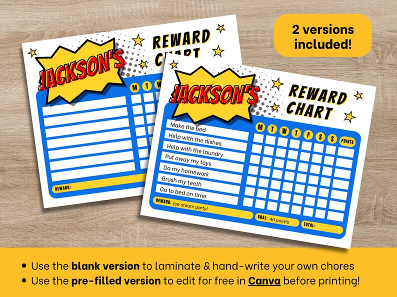 EDITABLE Kids Chore Reward Chart | Superhero Chore Chart Template ...