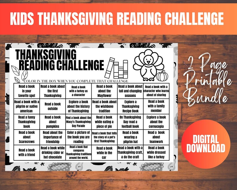 30 Day Kids Thanksgiving Reading Challenge, Kids Printable Coloring ...