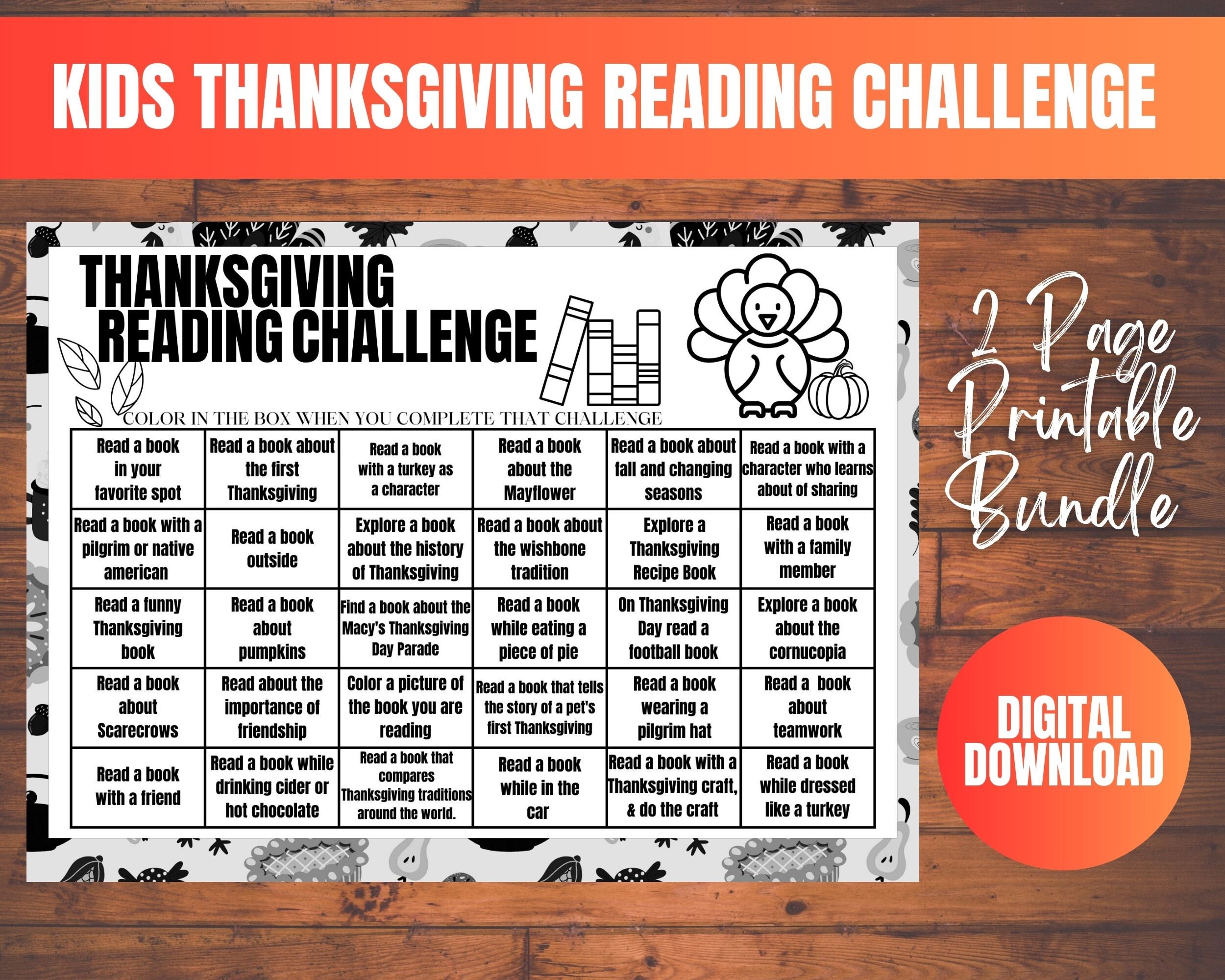 30 Day Kids Thanksgiving Reading Challenge, Kids Printable Coloring ...