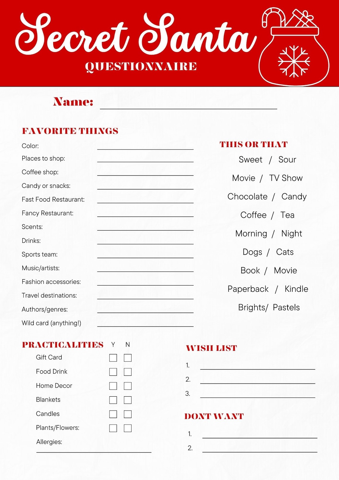 Secret Santa Questionnaire, Secret Santa Questions, Secret Santa ...