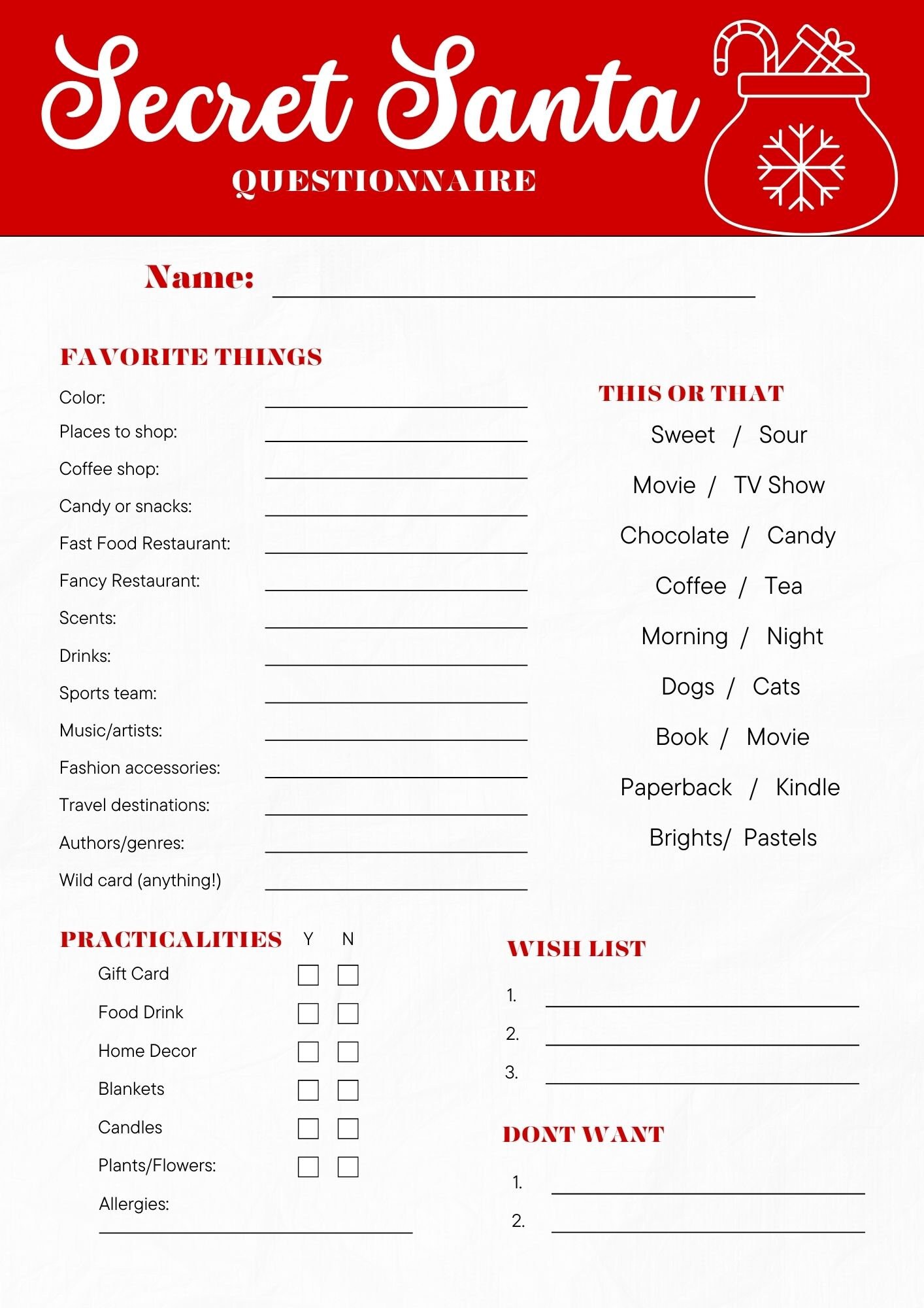 Secret Santa Questionnaire, Secret Santa Questions, Secret Santa ...