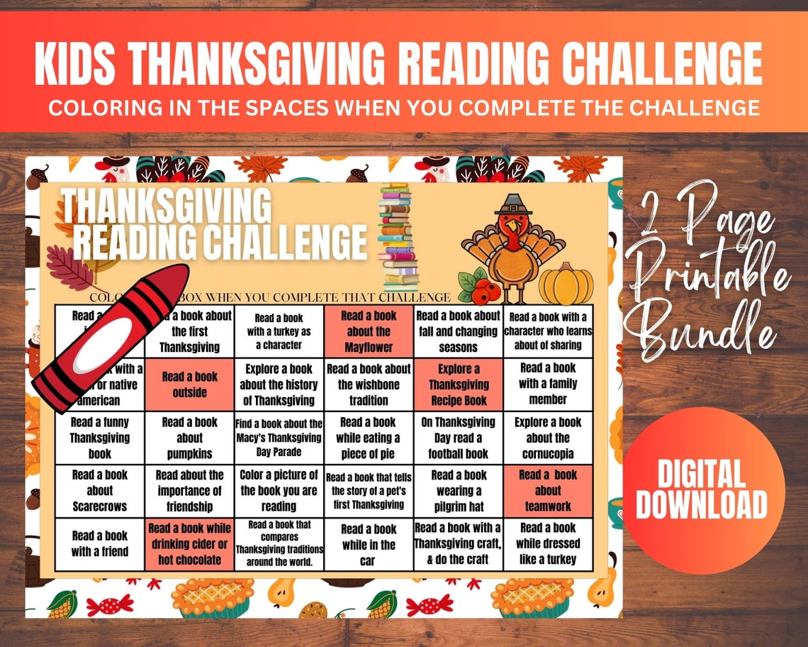 30 Day Kids Thanksgiving Reading Challenge, Kids Printable Coloring ...