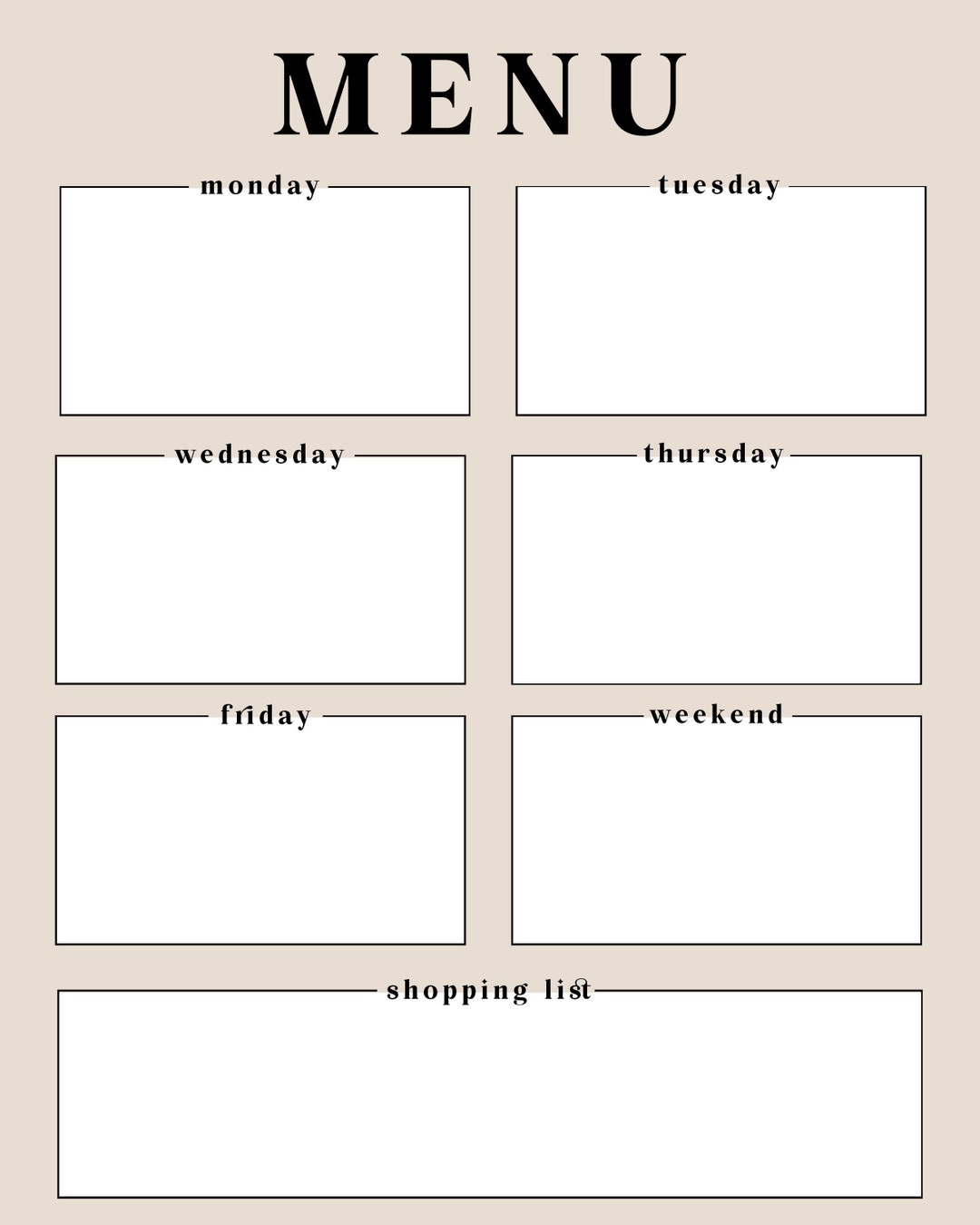 Weekly Menu Printable oatmeal Colour - Etsy