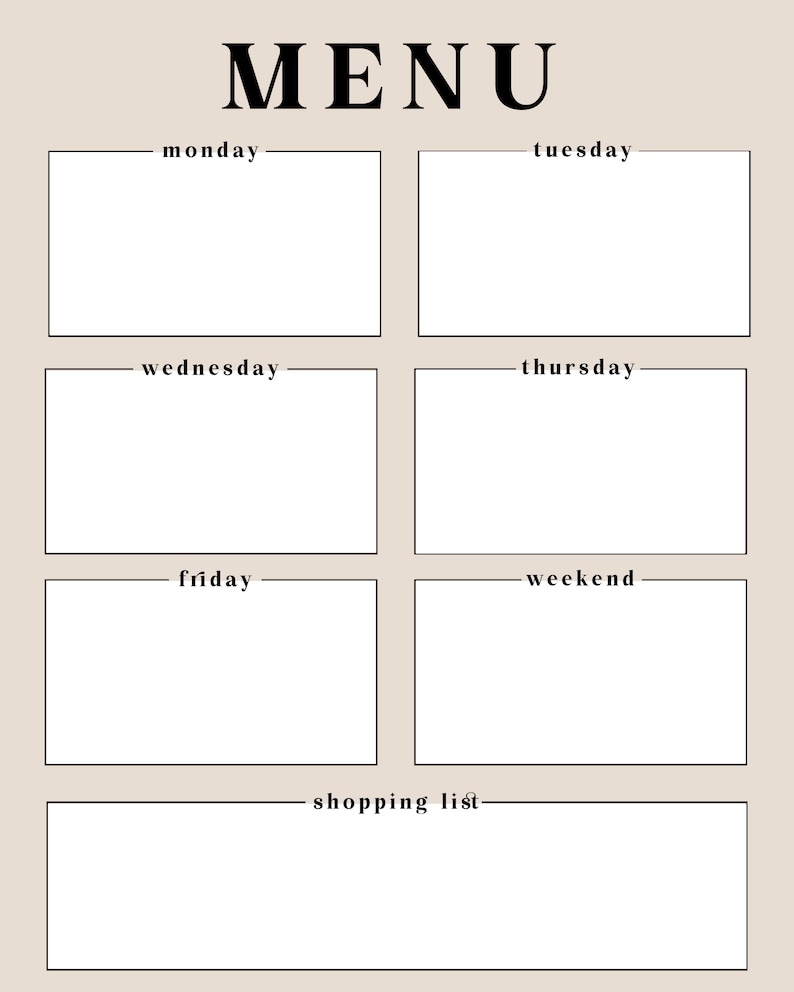 Weekly Menu Printable oatmeal Colour - Etsy