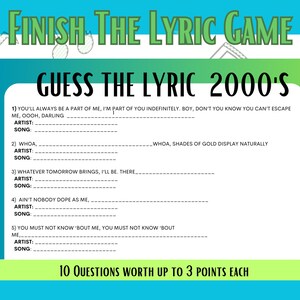 2000's Music Trivia Finish the Lyric Pub Trivia Game Night Trivia - Etsy