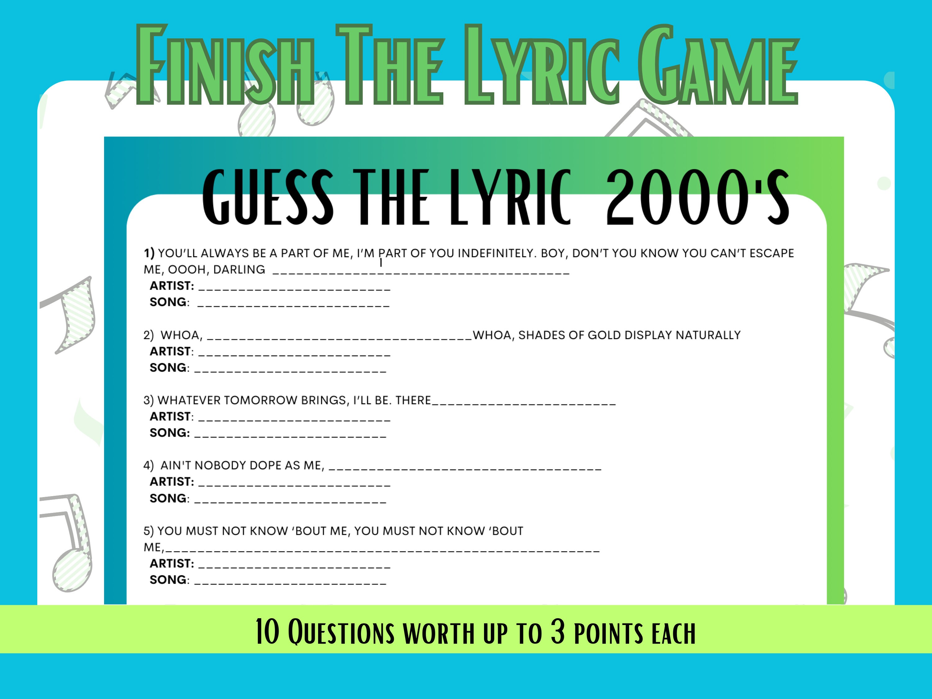 2000's Music Trivia Finish the Lyric Pub Trivia Game Night Trivia - Etsy