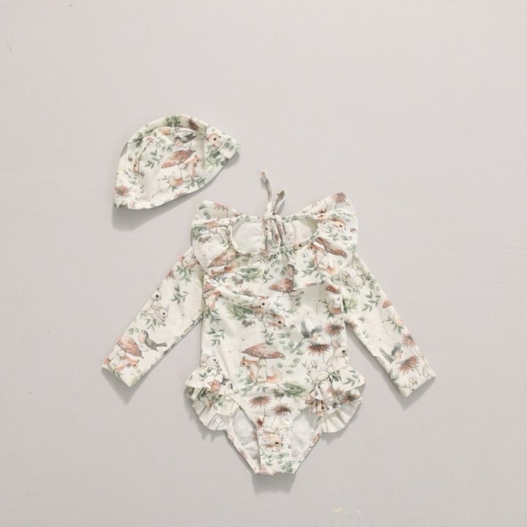 Girls Ruffle Rash Guard With Hat Set, Toddler Girls Forest Printed and ...
