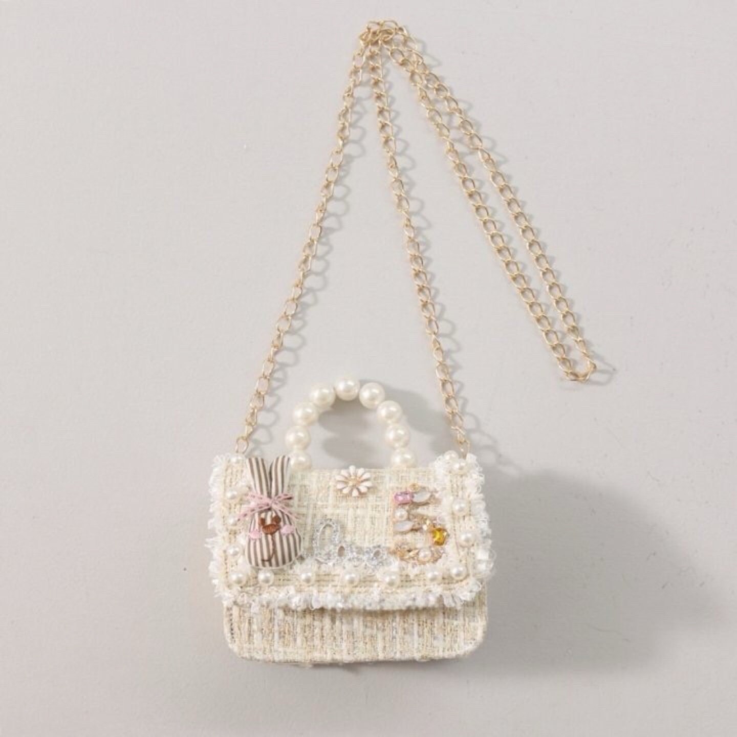 Girls Bunny Tweed Mini Bag, Cute Rabbit With Pearl Handle Purse Chain ...