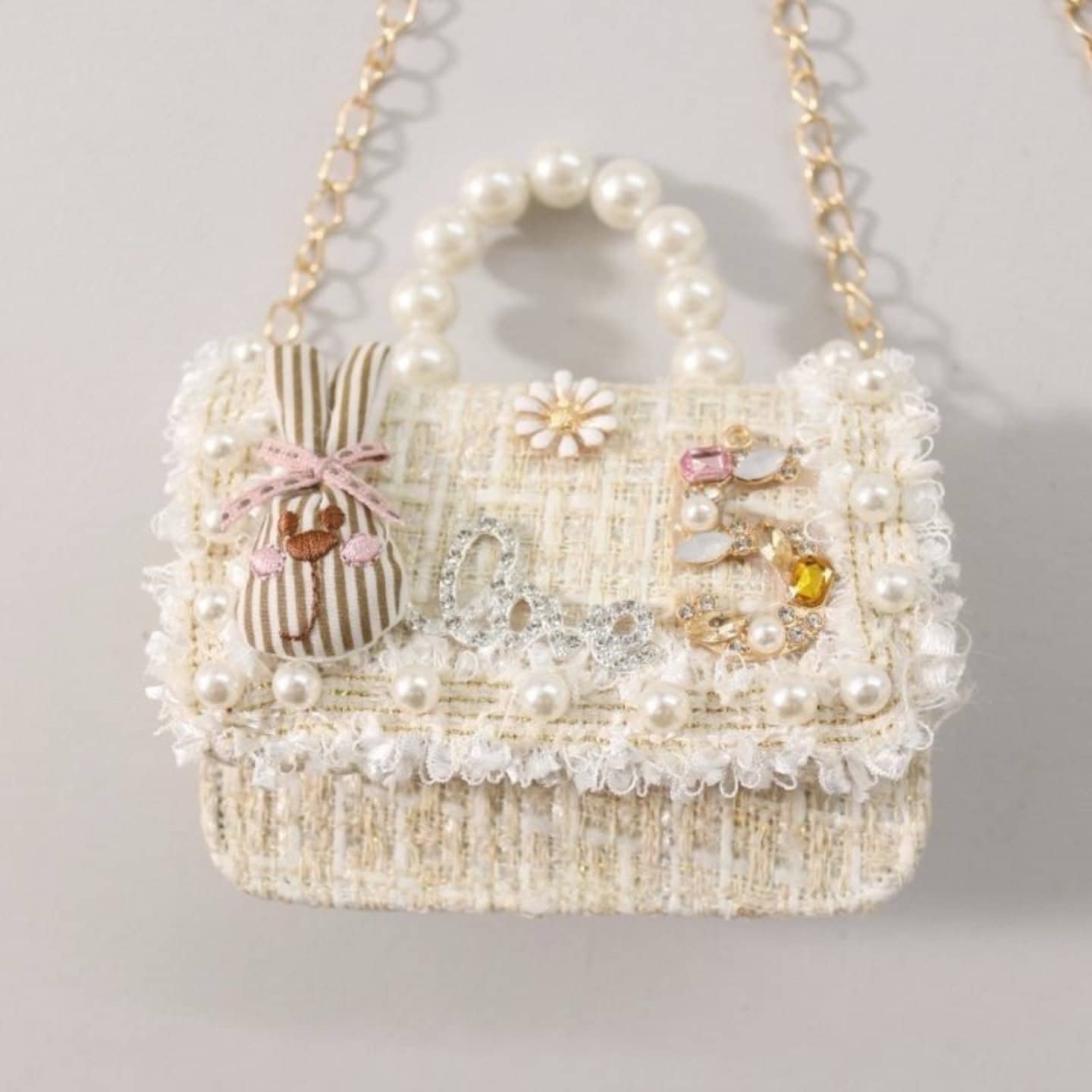 Girls Bunny Tweed Mini Bag, Cute Rabbit With Pearl Handle Purse Chain ...