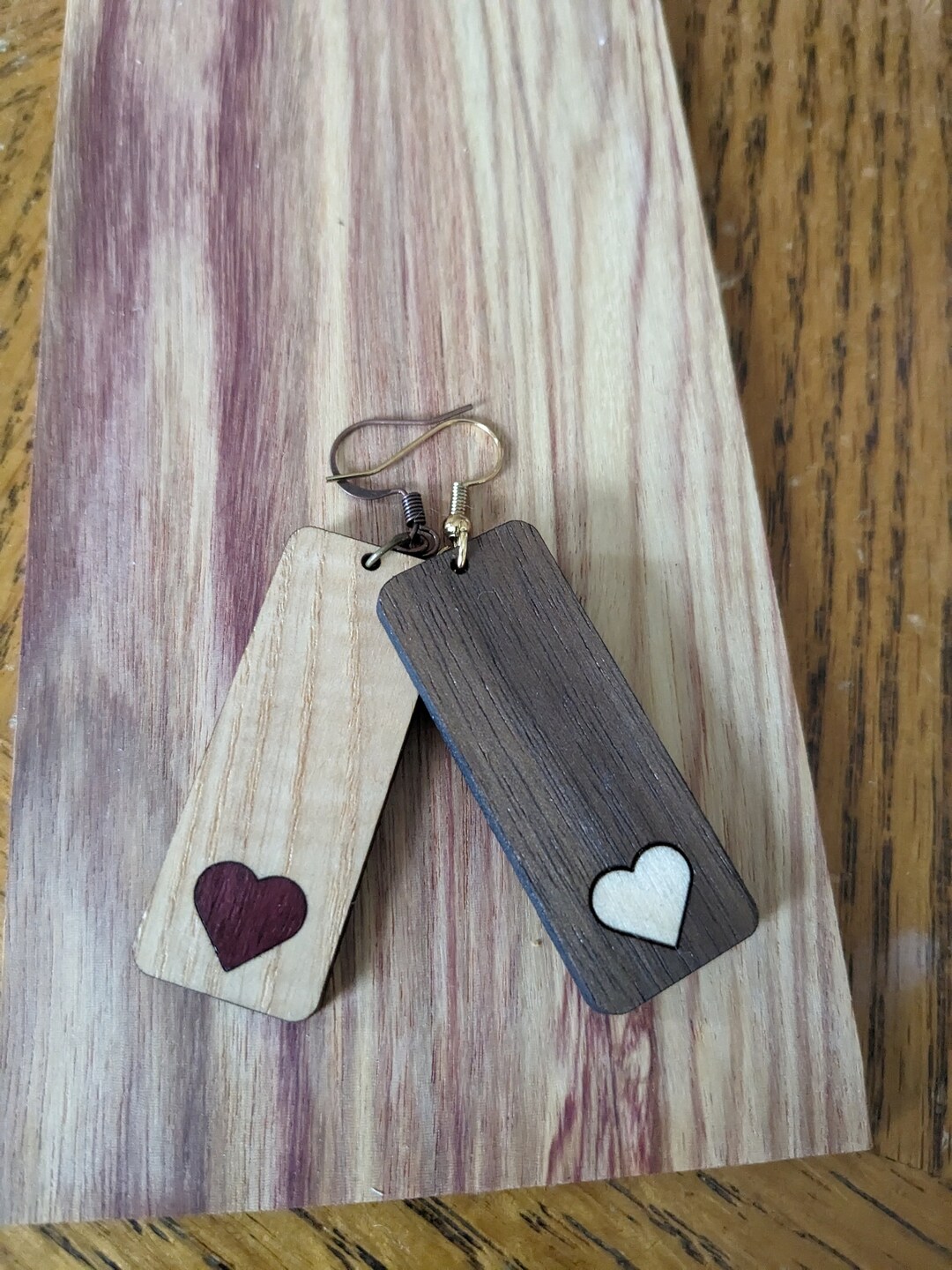 Heart Inset Wood Earrings, Walnut, Purpleheart, Wenge, Butternut ...