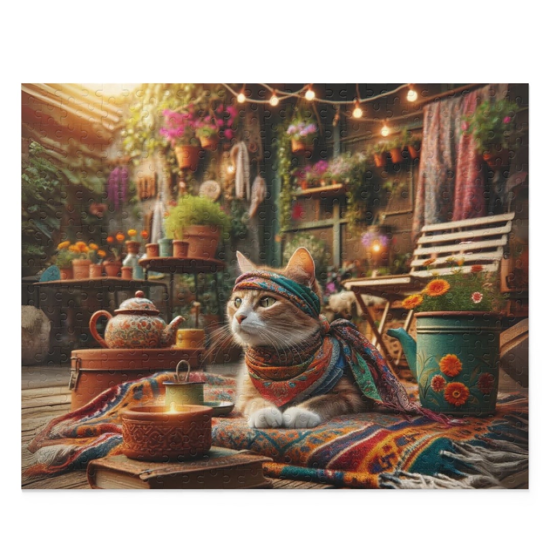 Bohemian Bliss Cat: Cozy Outdoor Retreat Jigsaw Puzzle - Etsy