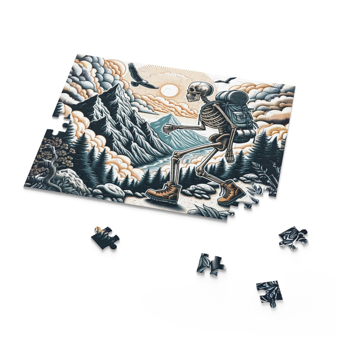 Skeletal Mountain Explorer Jigsaw Puzzle: Sunlit Alpine Adventure With a Gothic Twist, Ideal for ...