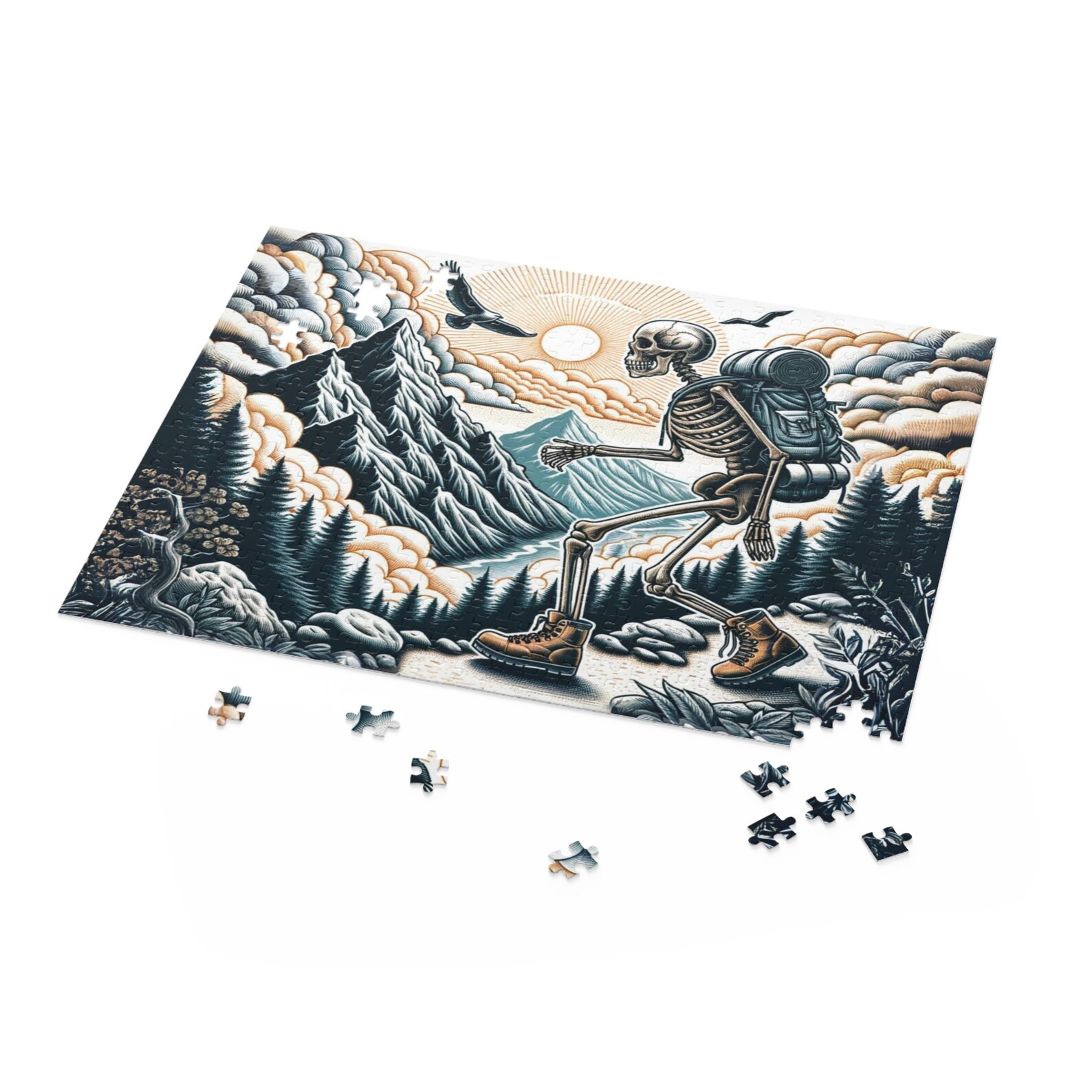 Skeletal Mountain Explorer Jigsaw Puzzle: Sunlit Alpine Adventure With a Gothic Twist, Ideal for ...