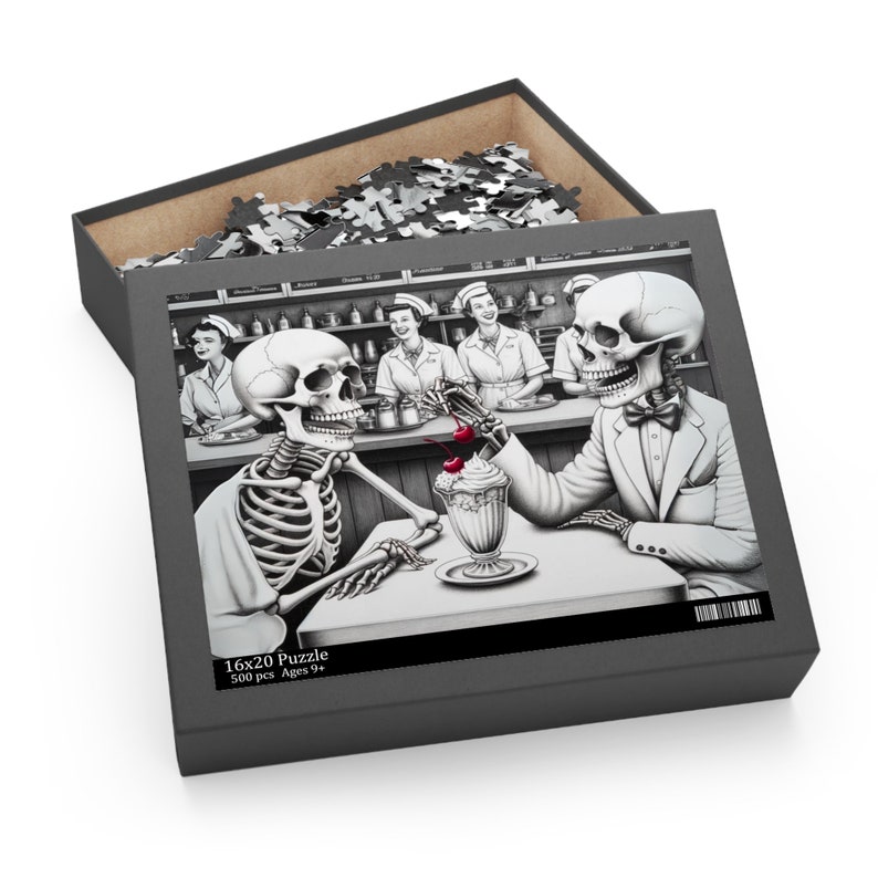 Skeletal Sweethearts' 50s Diner Date Jigsaw Puzzle: Retro Romance With a Macabre Twist, Vintage ...
