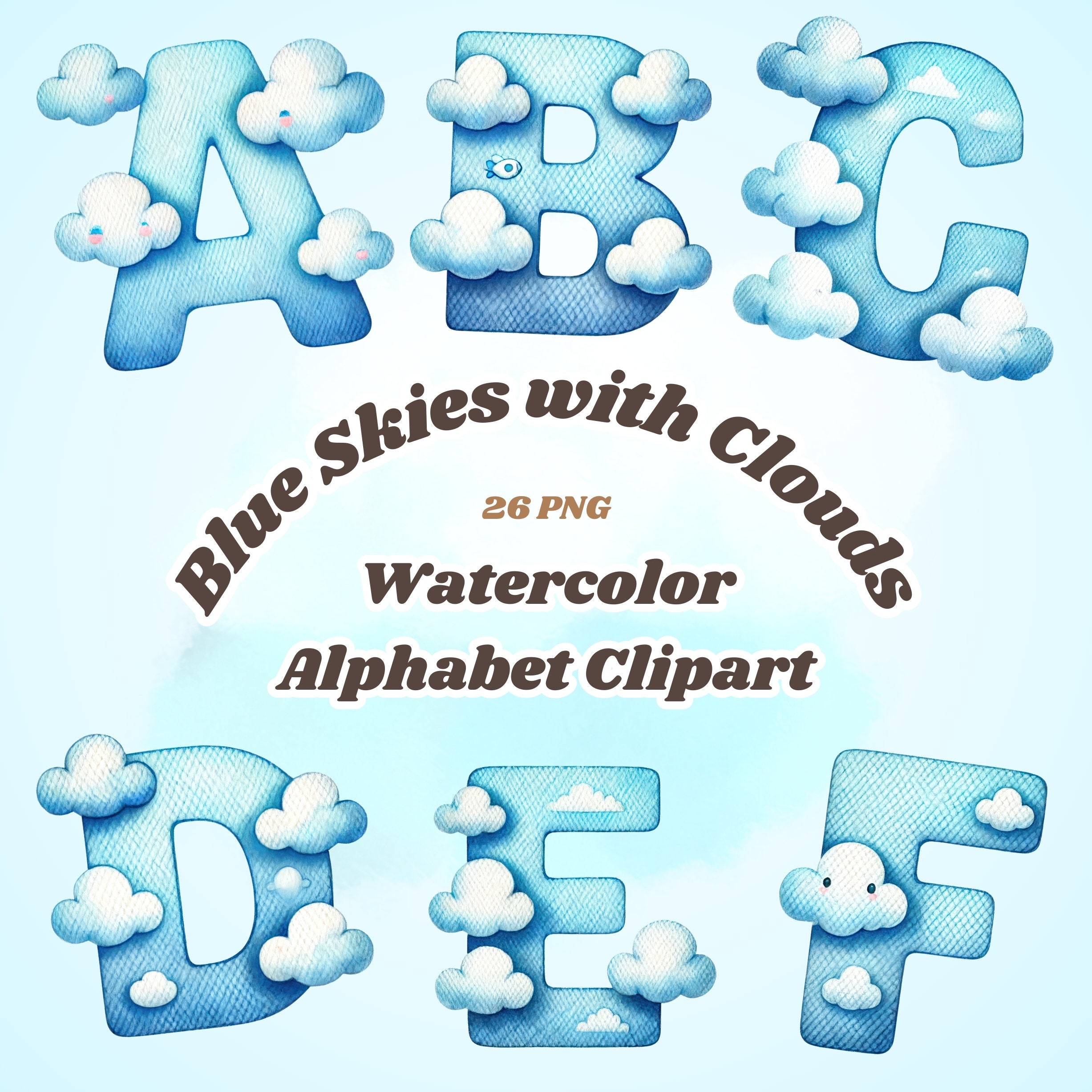 Blue Skies With Clouds Alphabet Clipart Watercolor Letters Set, Digital ...