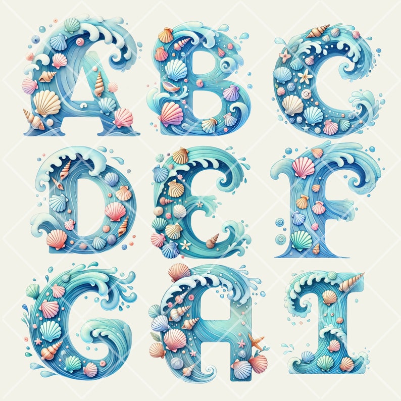 Wave of Ocean Alphabet Clipart - Watercolor Letters, Coastal ABC ...