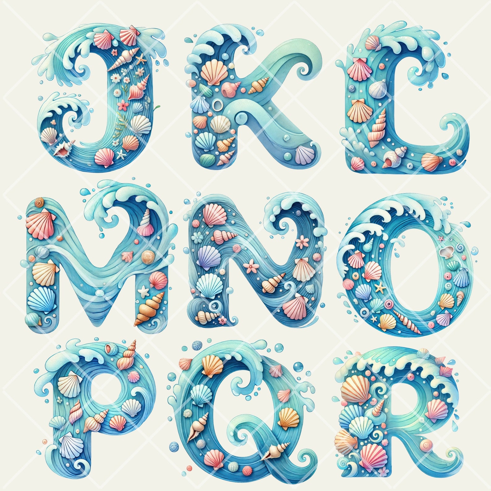 Wave of Ocean Alphabet Clipart - Watercolor Letters, Coastal ABC ...