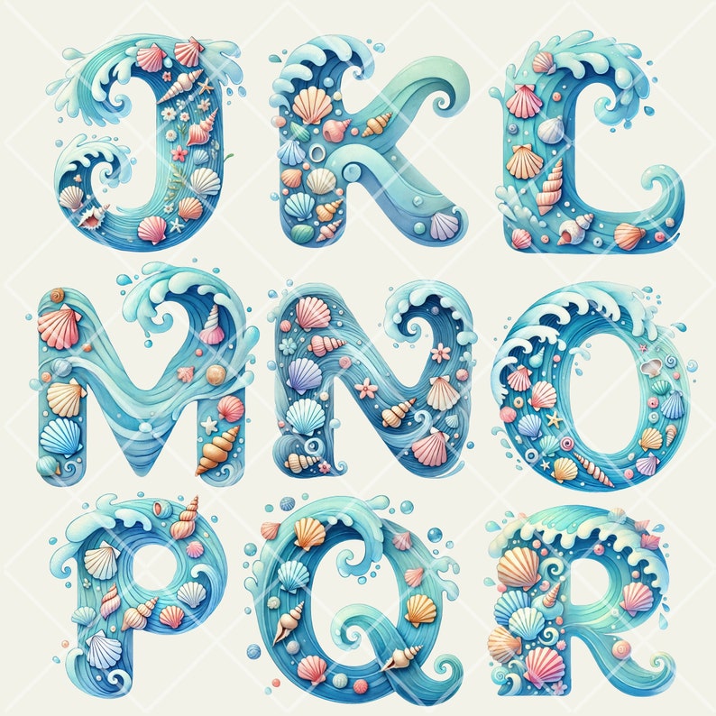 Wave of Ocean Alphabet Clipart - Watercolor Letters, Coastal ABC ...