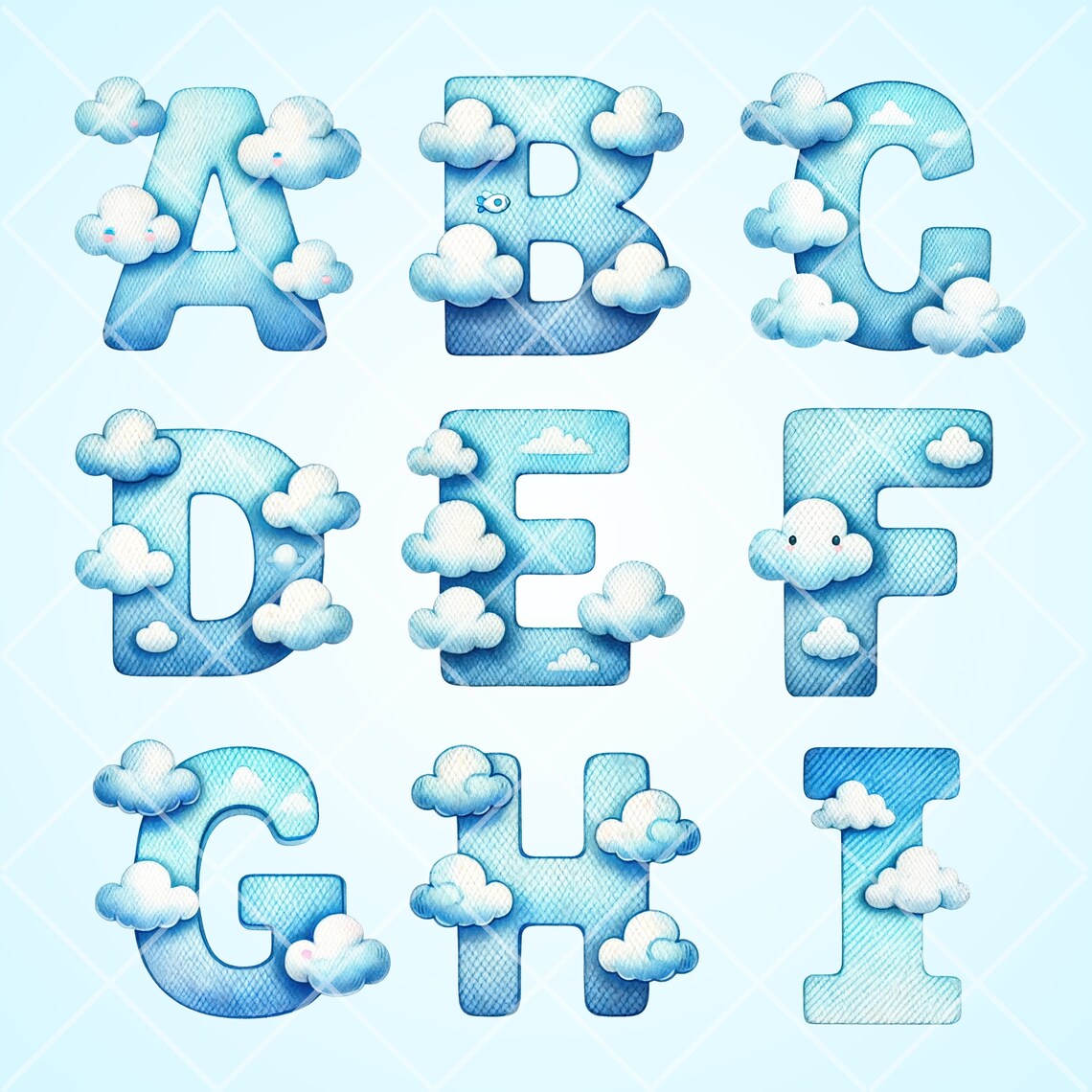 Blue Skies With Clouds Alphabet Clipart Watercolor Letters Set, Digital ...