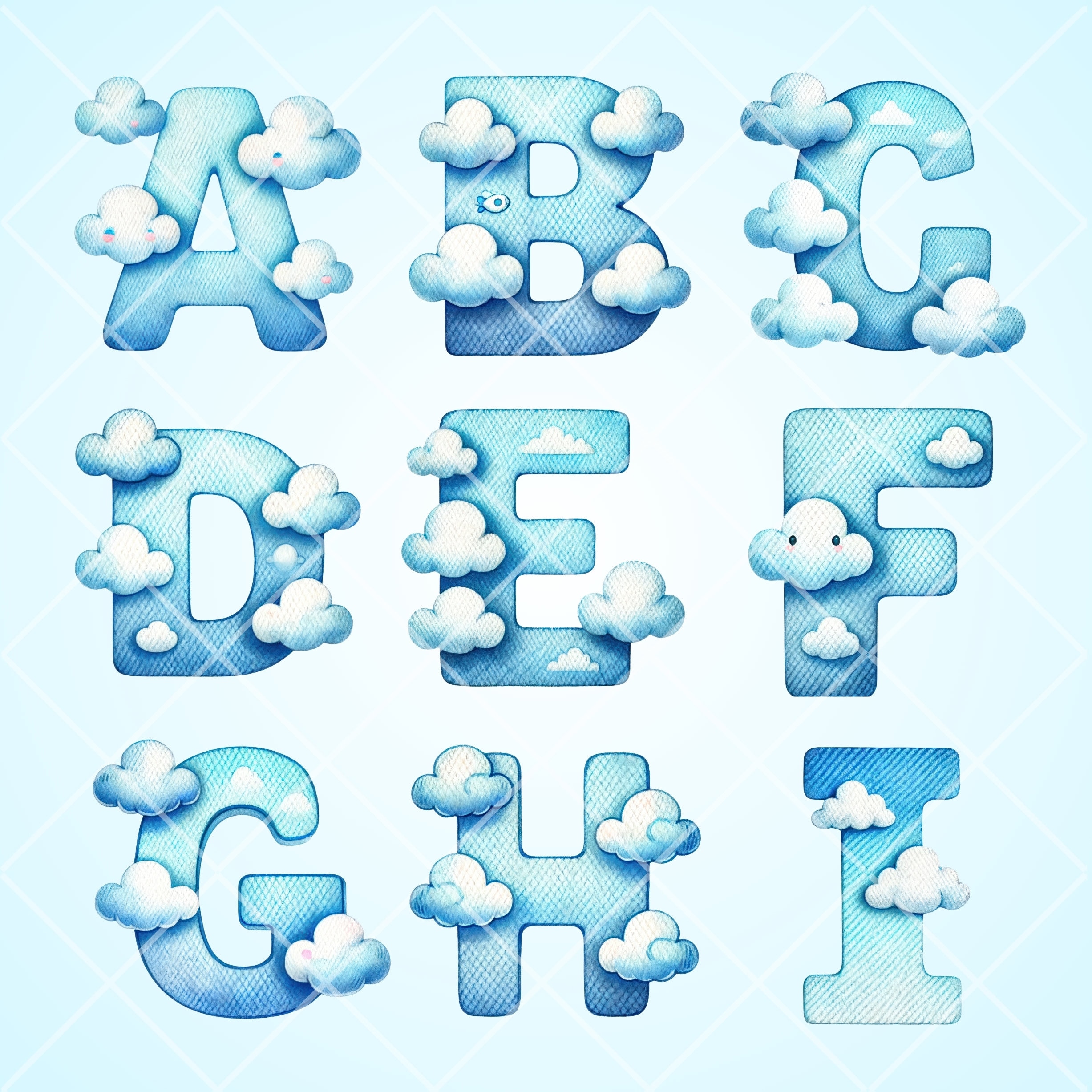 Blue Skies With Clouds Alphabet Clipart - Watercolor Letters Set ...