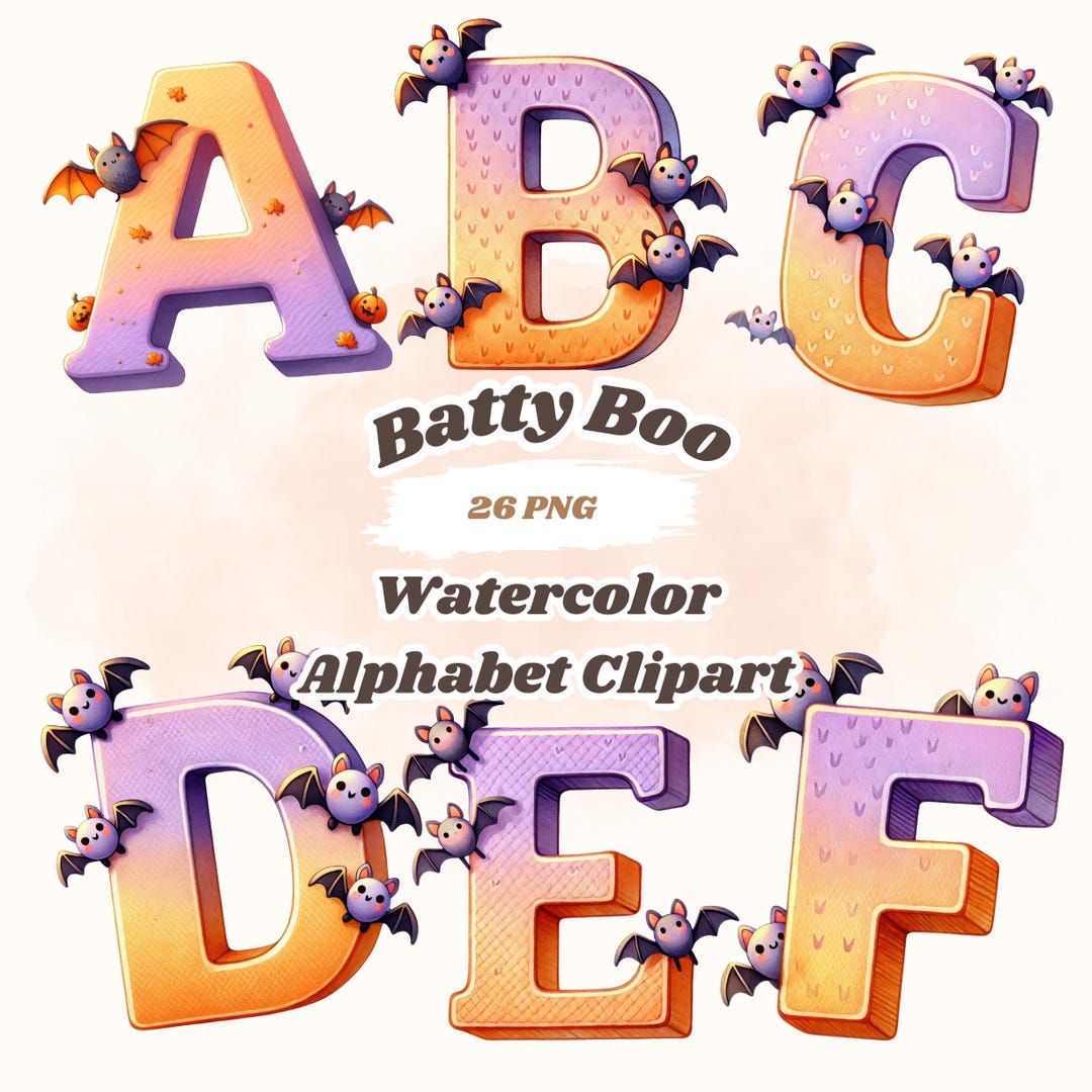 Watercolor Batty Boo Alphabet Clipart | Cute Bat Themed Letters ...