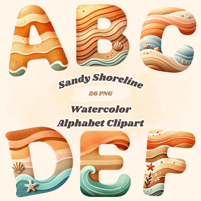 Sandy Shoreline Alphabet Clipart-watercolor Letters, Coastal ABC ...