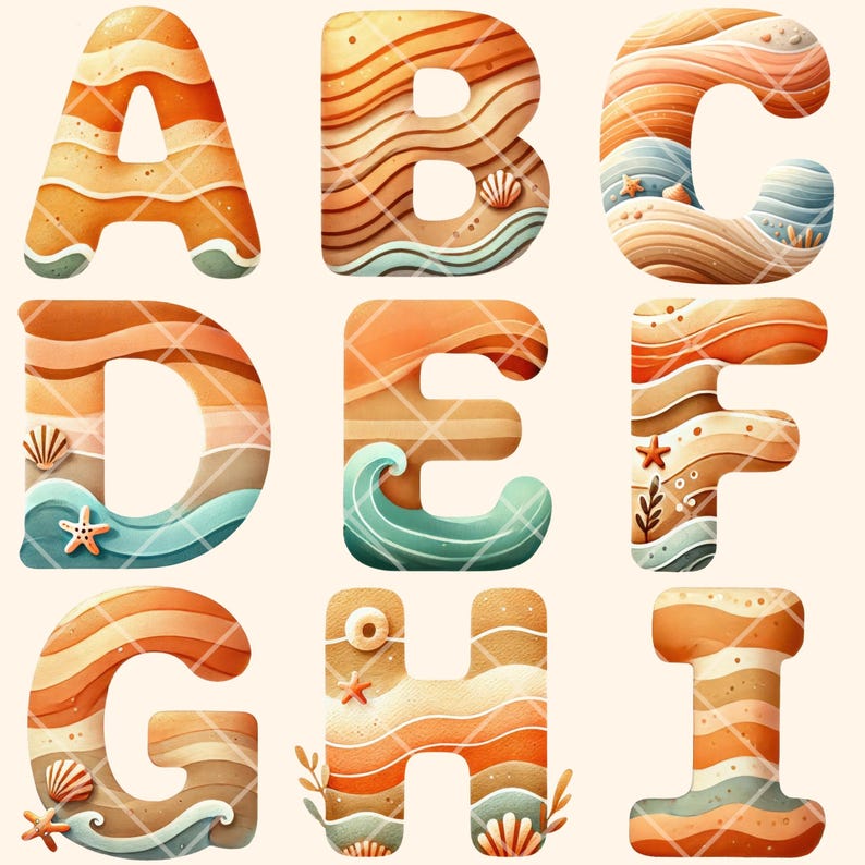 Sandy Shoreline Alphabet Clipart-watercolor Letters, Coastal ABC ...