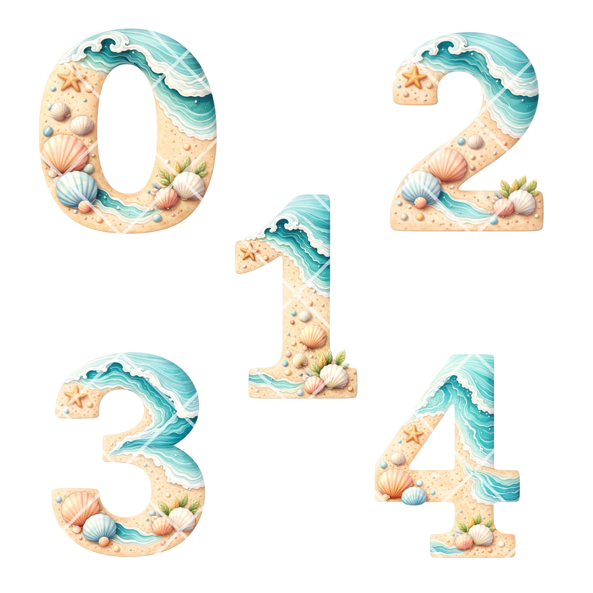 Watercolor Beach Numbers Clipart (0–9) | Coastal Ocean Themed Number ...