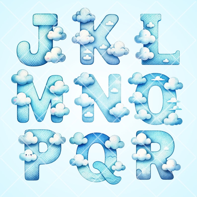 Blue Skies With Clouds Alphabet Clipart - Watercolor Letters Set ...