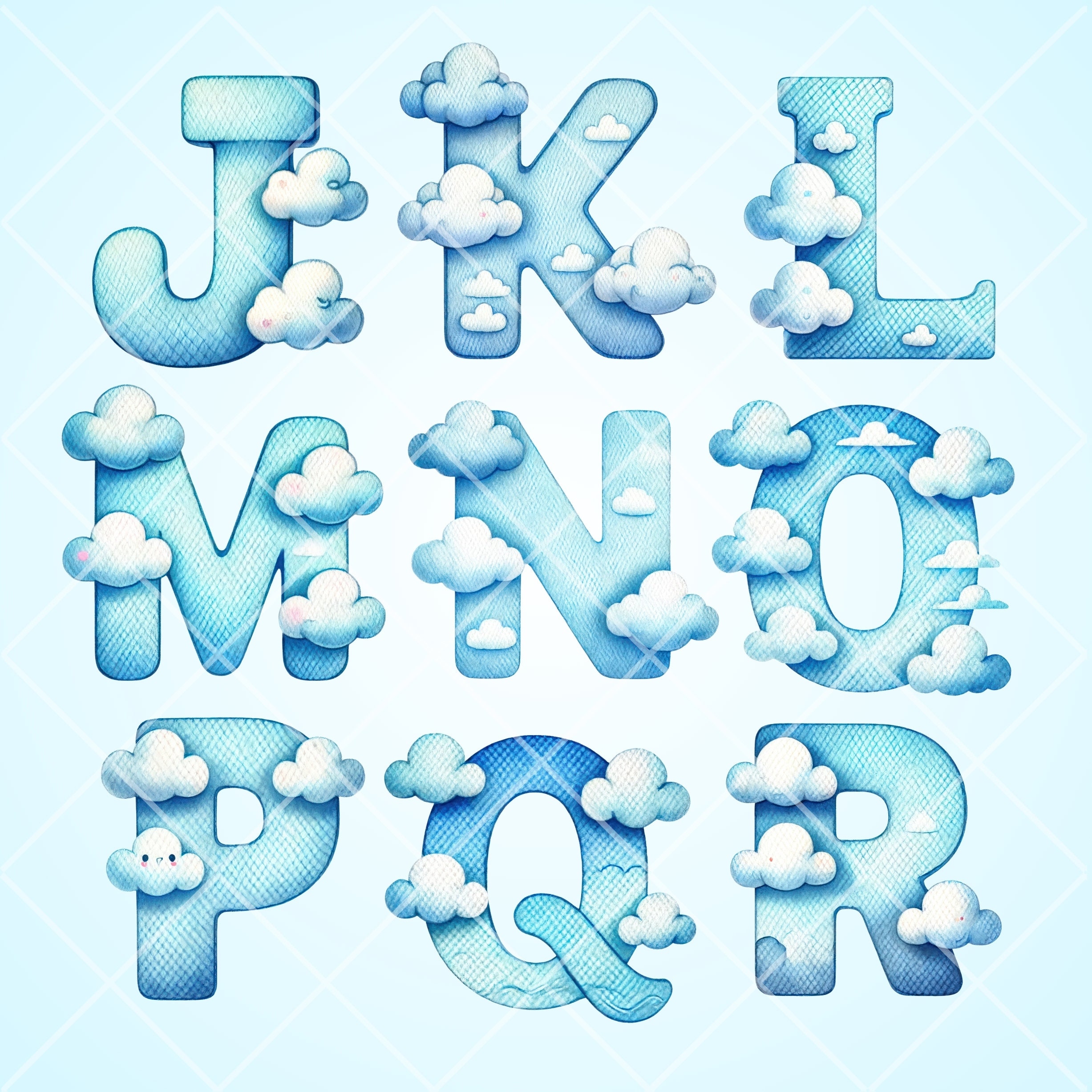 Blue Skies With Clouds Alphabet Clipart - Watercolor Letters Set ...