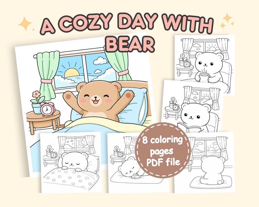 Cozy Bear Coloring Pages | Kawaii Printable Activity (PDF Download, 8 ...