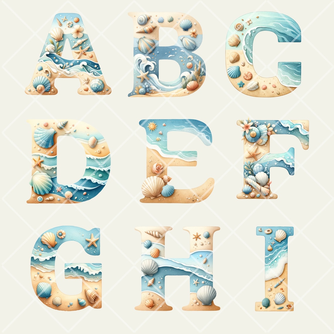 Beach Time Alphabet Clipart Watercolor Letters Set, Coastal ABC ...