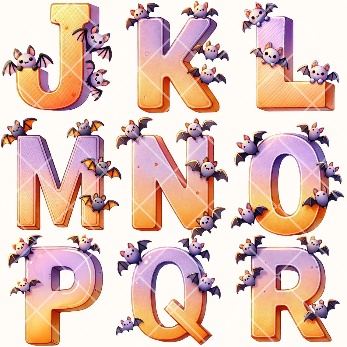 Watercolor Batty Boo Alphabet Clipart | Cute Bat Themed Letters ...