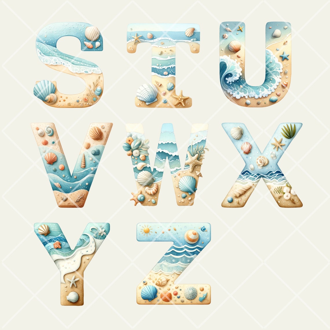 Beach Time Alphabet Clipart Watercolor Letters Set, Coastal ABC ...