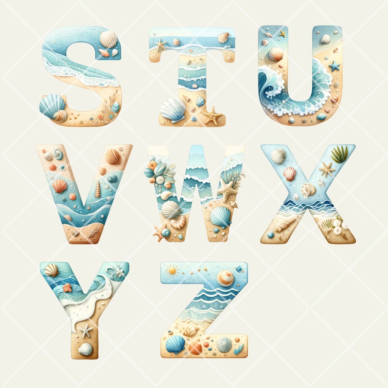 Beach Time Alphabet Clipart - Watercolor Letters Set, Coastal ABC ...
