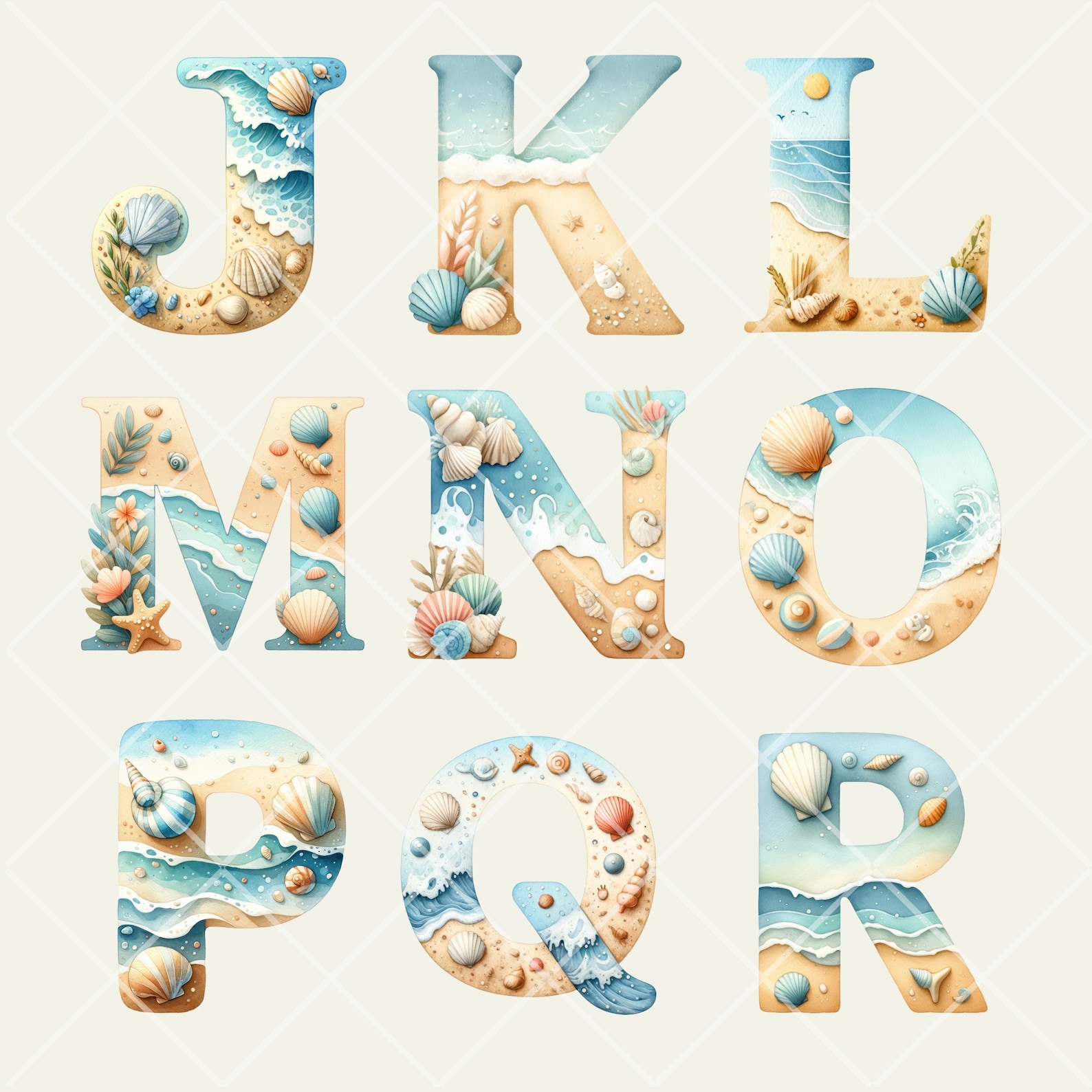 Beach Time Alphabet Clipart - Watercolor Letters Set, Coastal ABC ...