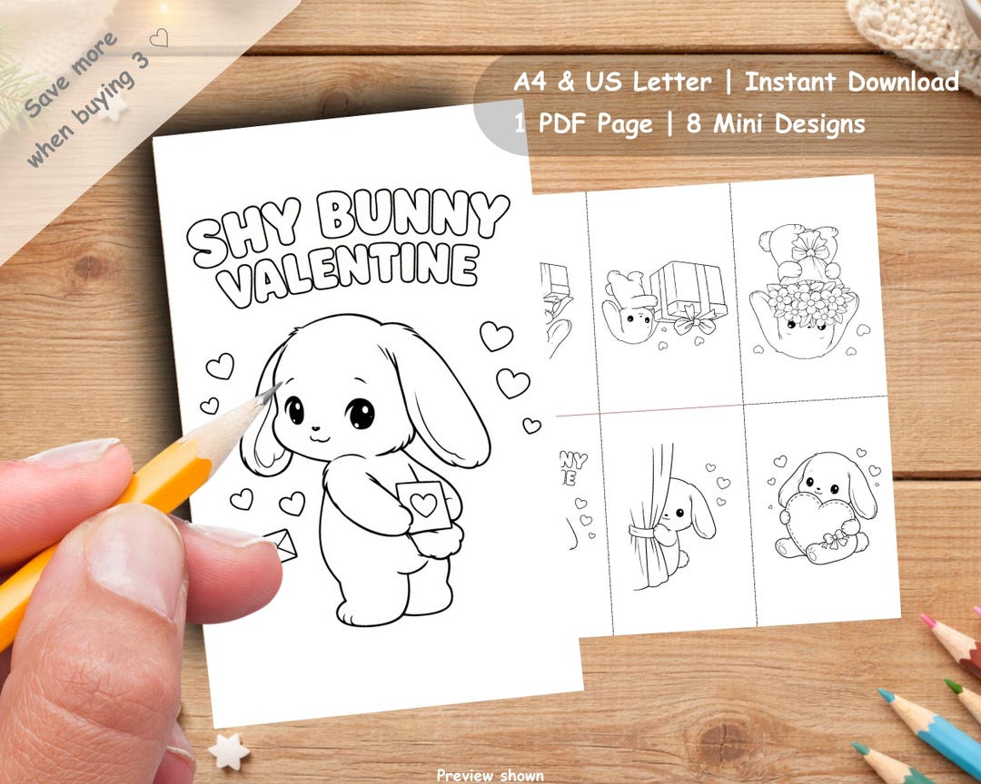 Shy Bunny Valentine Coloring Pages for Kids - Kawaii Love Bunny PDF ...