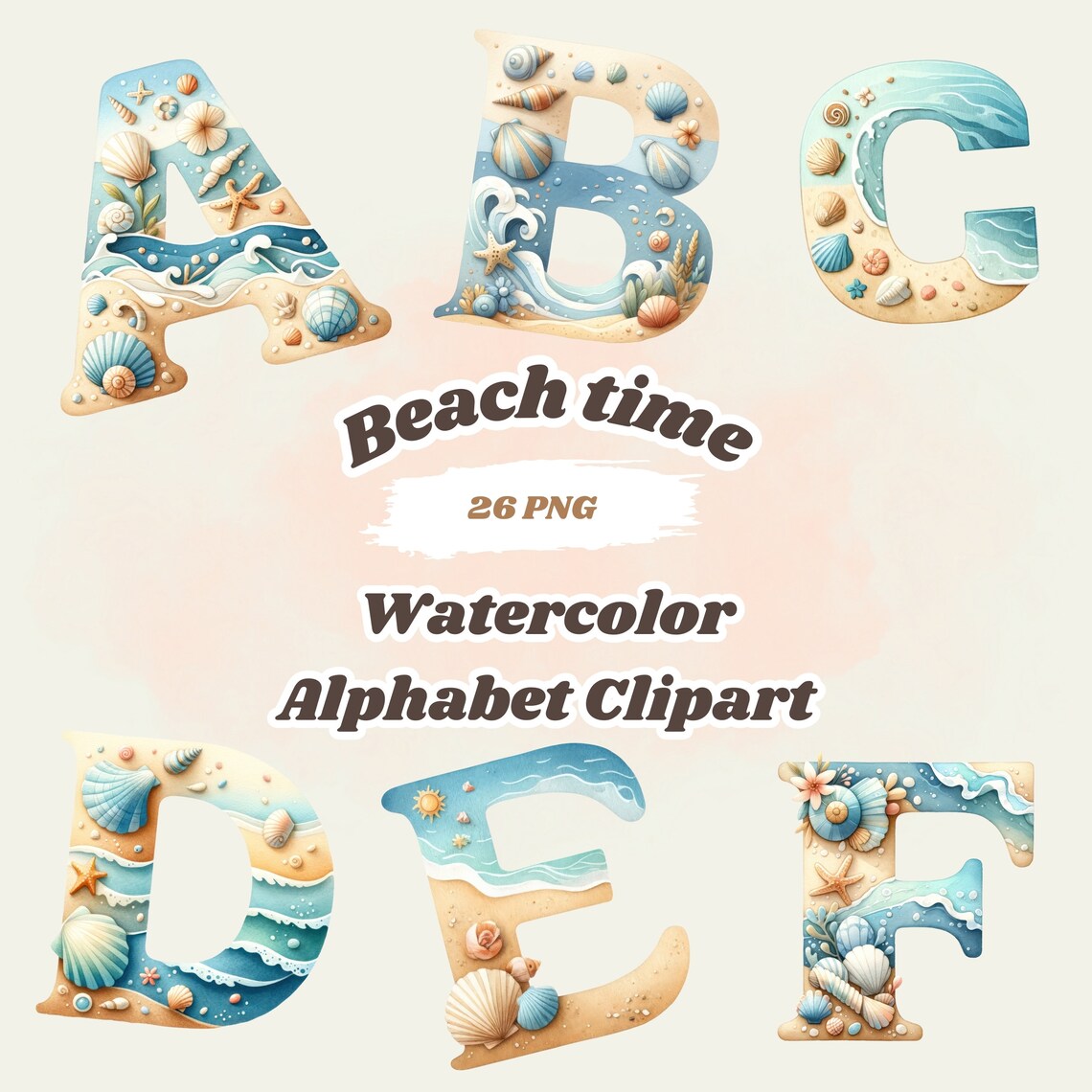Beach Time Alphabet Clipart Watercolor Letters Set, Coastal ABC ...