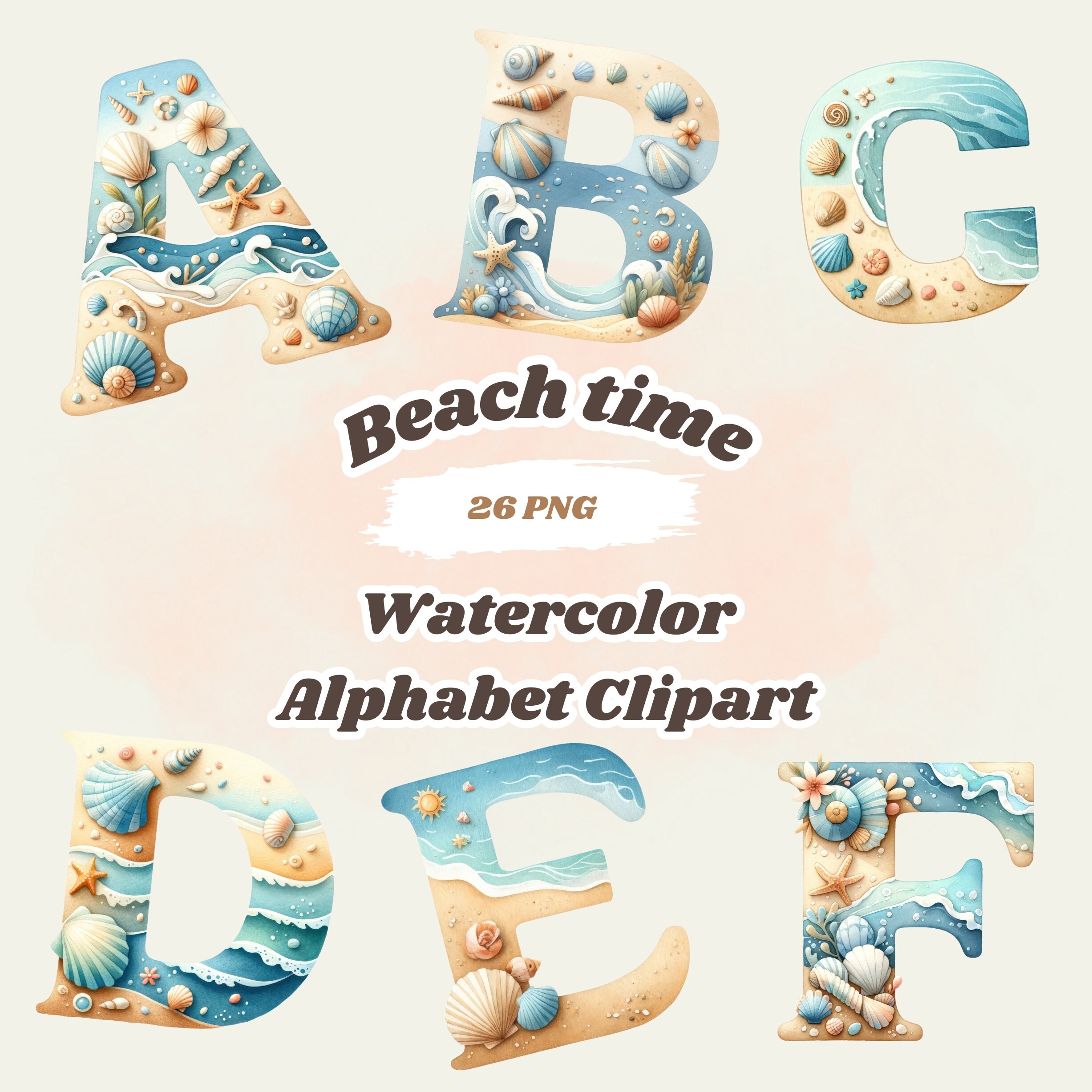 Beach Time Alphabet Clipart - Watercolor Letters Set, Coastal ABC ...