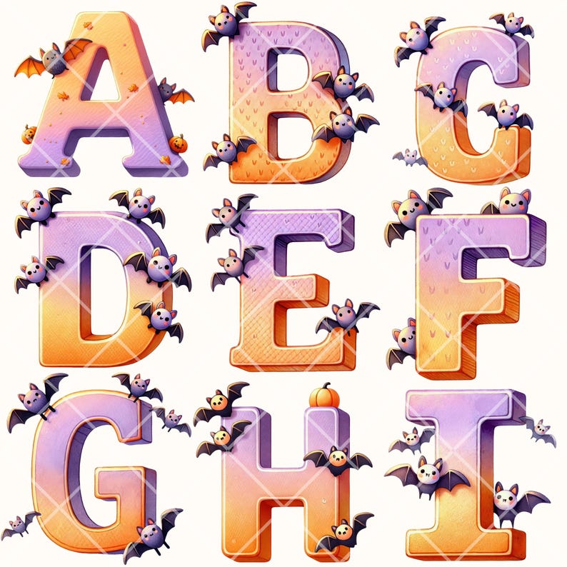 Watercolor Batty Boo Alphabet Clipart | Cute Bat Themed Letters ...