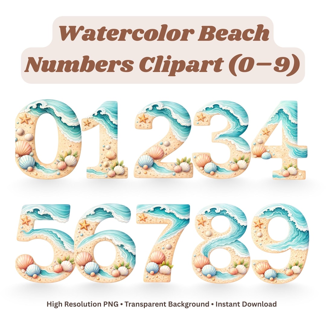 Watercolor Beach Numbers Clipart (0–9) | Coastal Ocean Themed Number ...
