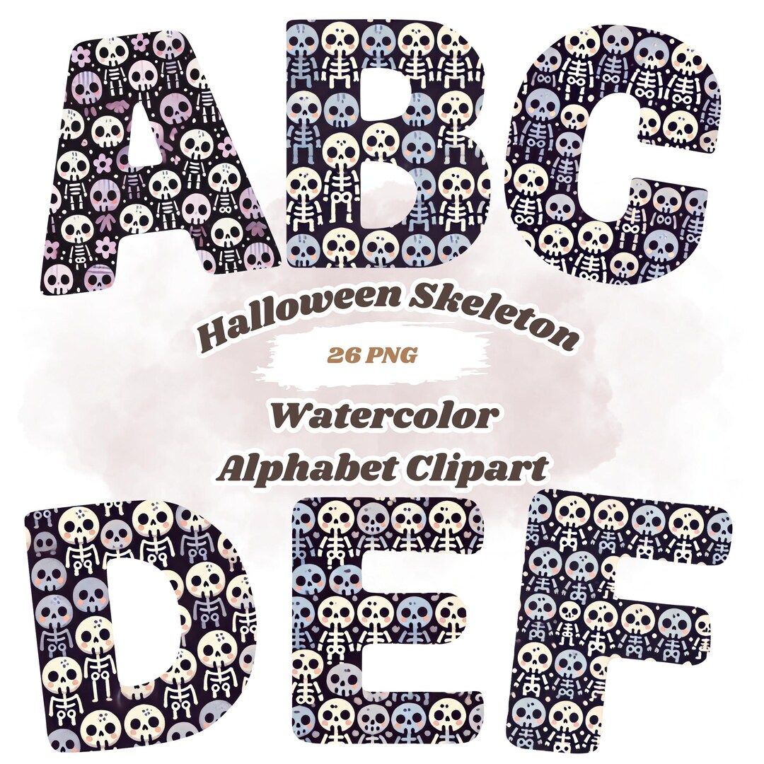 Halloween Skeleton Alphabet Clipart - Watercolor Letters Set, Skull ...