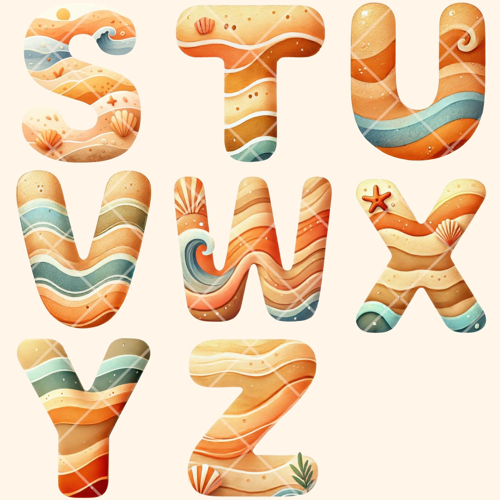 Sandy Shoreline Alphabet Clipart-watercolor Letters, Coastal ABC ...