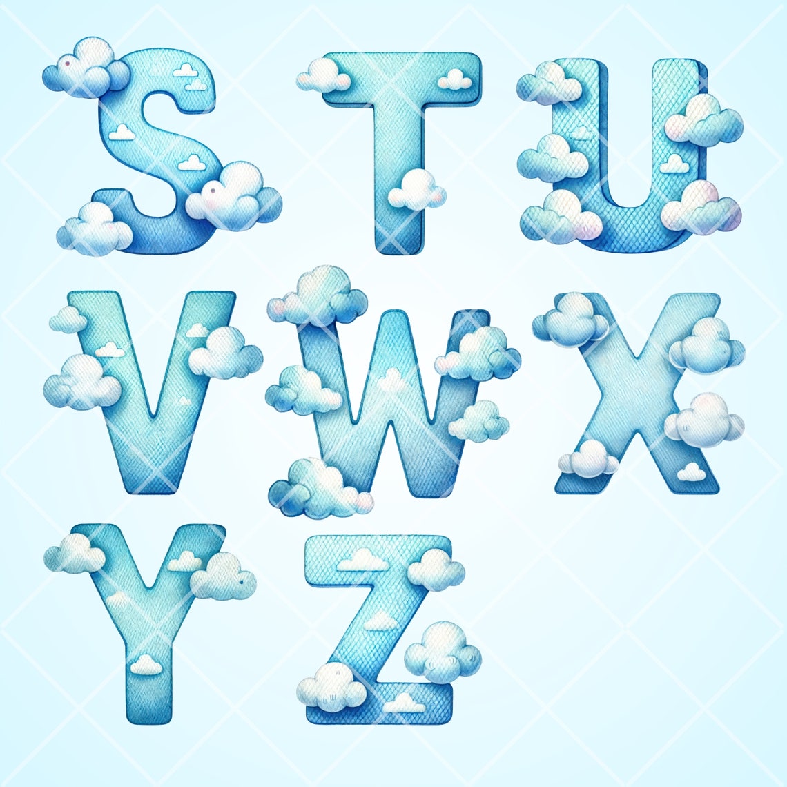 Blue Skies With Clouds Alphabet Clipart Watercolor Letters Set, Digital ...