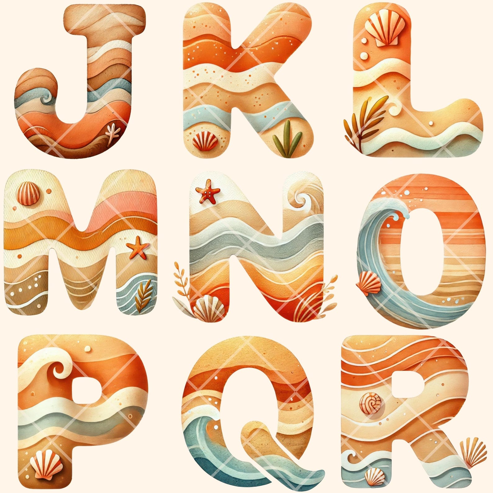 Sandy Shoreline Alphabet Clipart-watercolor Letters, Coastal ABC ...