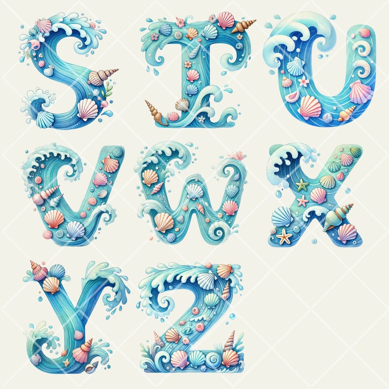 Wave of Ocean Alphabet Clipart - Watercolor Letters, Coastal ABC ...